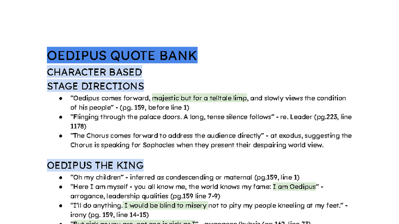 OEDIPUS QUOTE BANK: CHARACTER-BASED STAGE DIRECTIONS & THEMES - Studocu