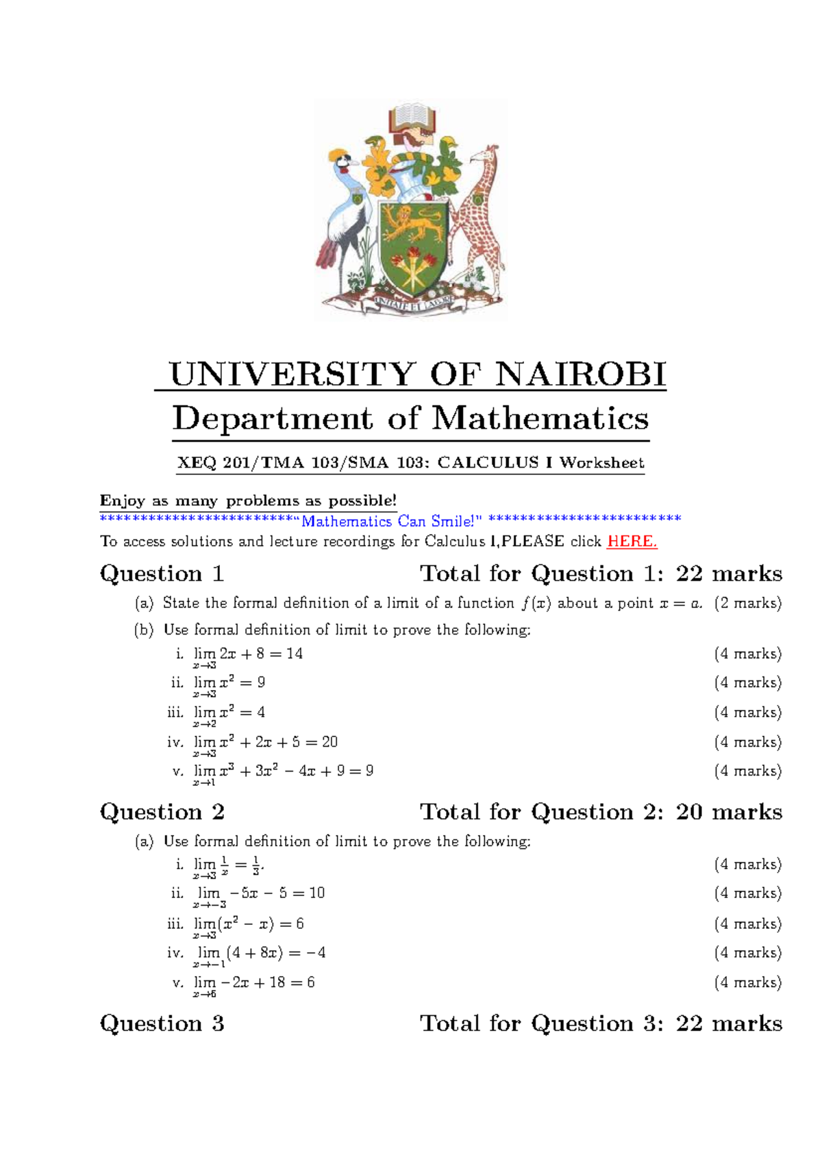 Calculus I Practice Questions - XEQ 201/TMA 103/SMA 103 Worksheet - Studocu