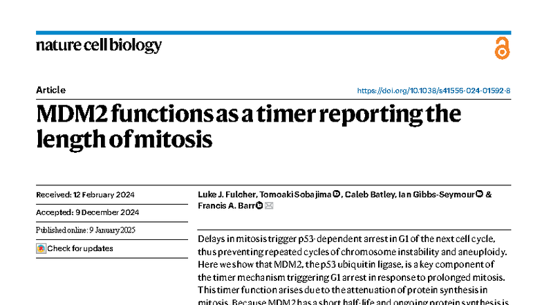MDM2 as a Mitotic Timer: Implications for G1 Arrest in Cell Cycle - Studocu