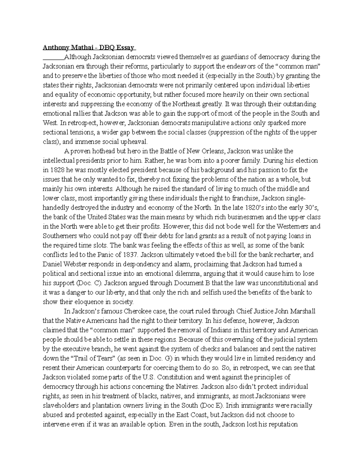 DBQ Essay on Jacksonian Democracy: An Analysis of Individual Liberties ...