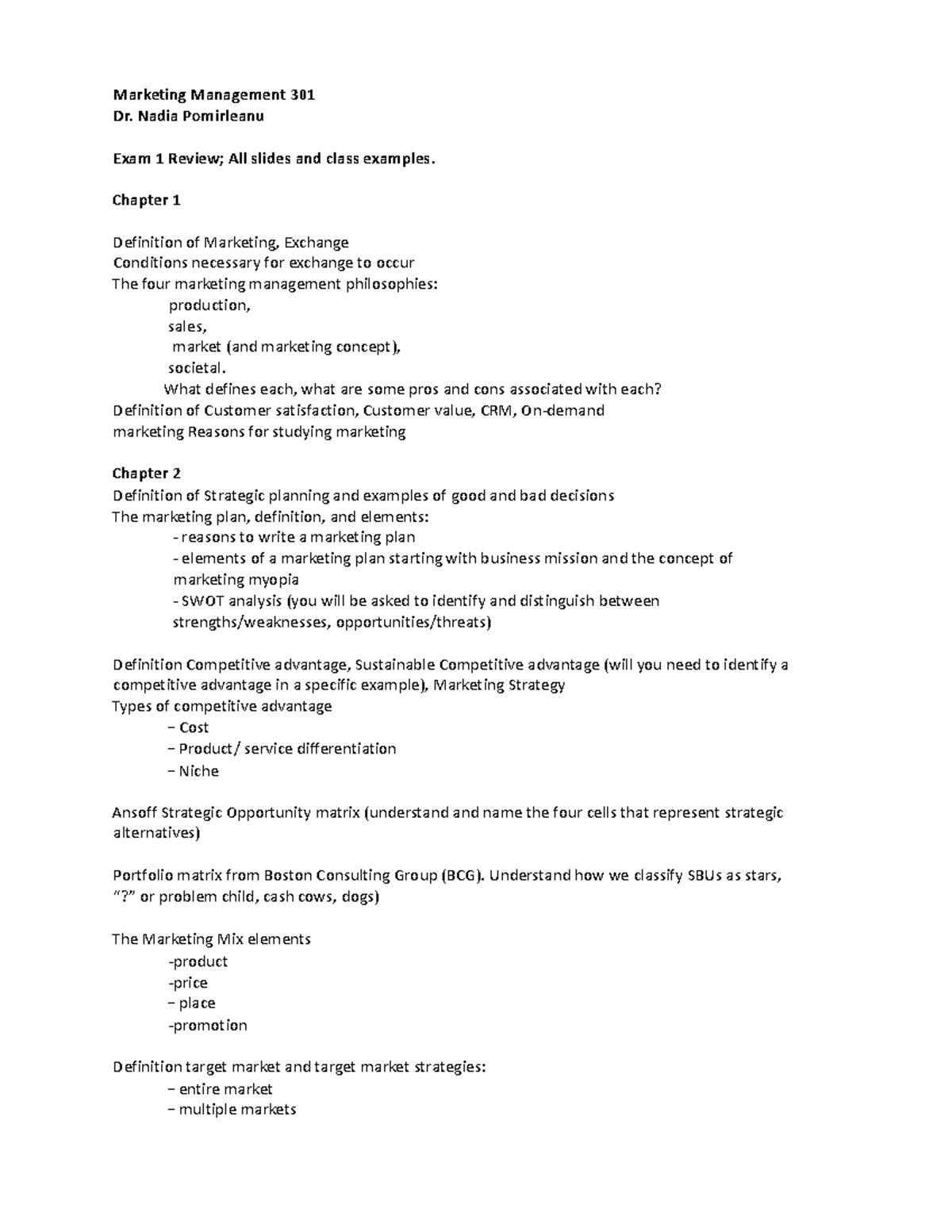 Mkt 301 Exam 1 Study Guide: Key Concepts and Definitions - Studocu