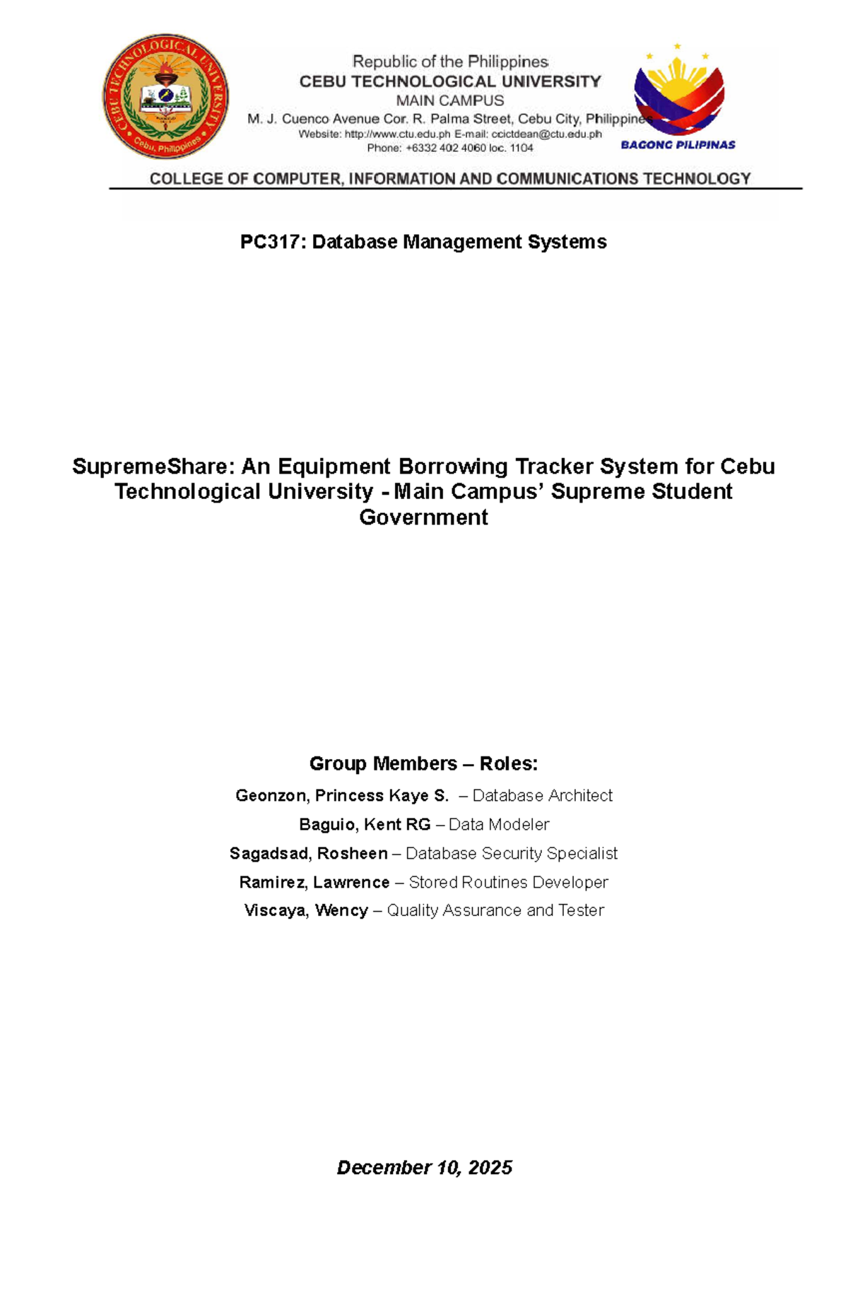 PC317: SupremeShare Database Design Plan for Equipment Tracking System ...