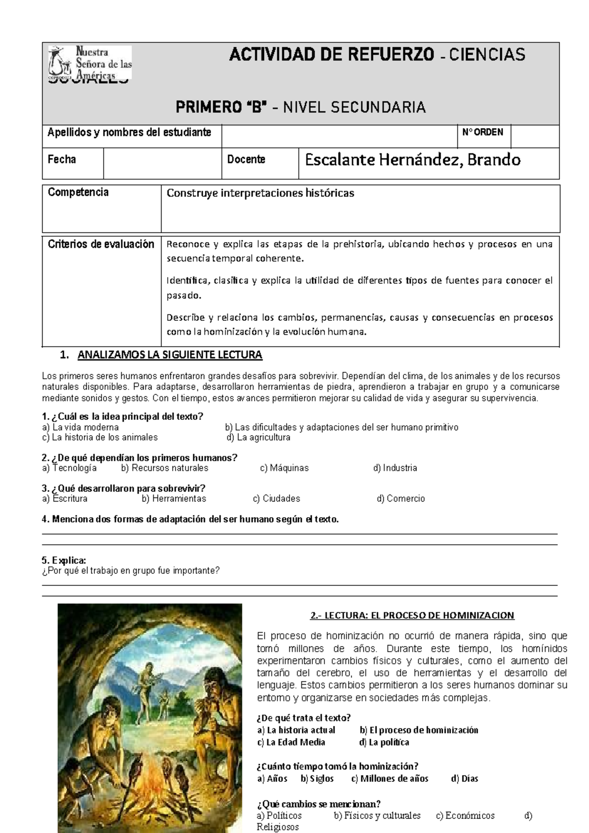 Actividad de Refuerzo: Ciencias Sociales 1B - Hominización y Evolución ...