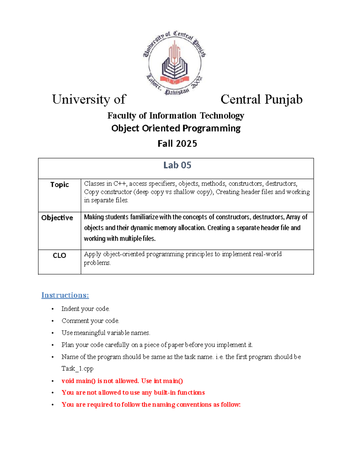 OOP Lab 05 - Classes, Constructors, and Destructors (Fall 2025) - Studocu