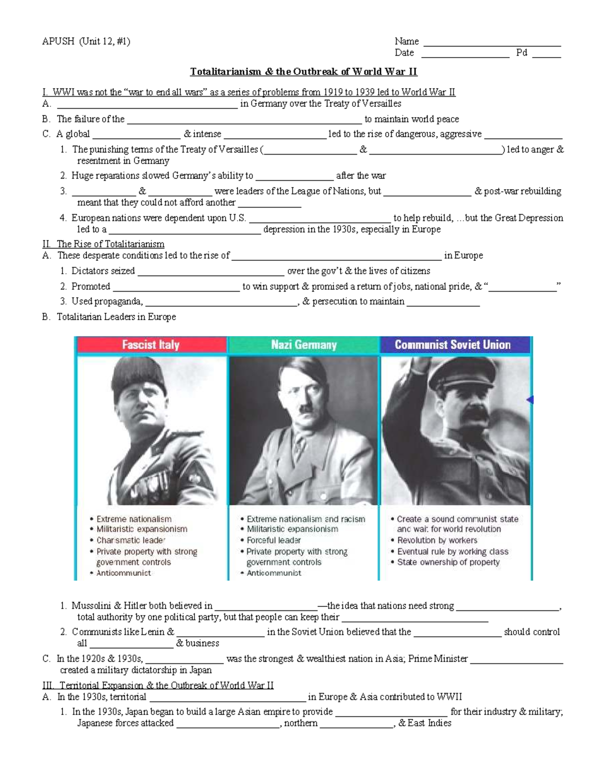 1 Totalitarianism and the Outbreak of WW2 - APUSH (Unit 12, #1) Name