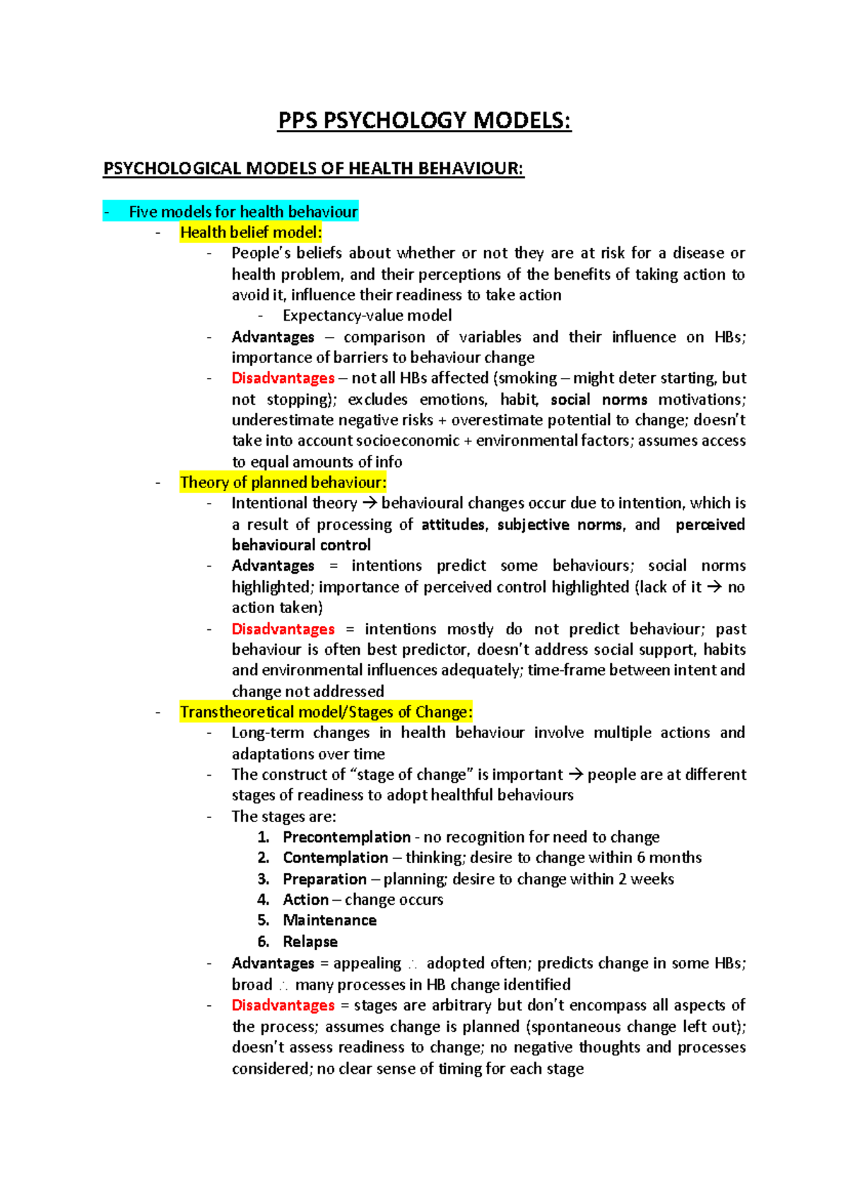 PPS Psychology Models: Health Behavior & Perception Theories - Studocu