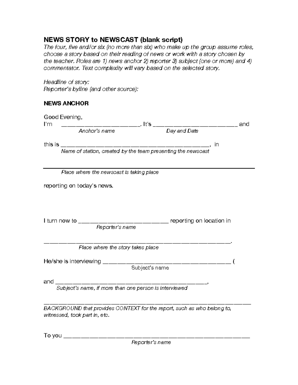 Newscast Script Template - ENG 101 Final Exam Guide - Studocu