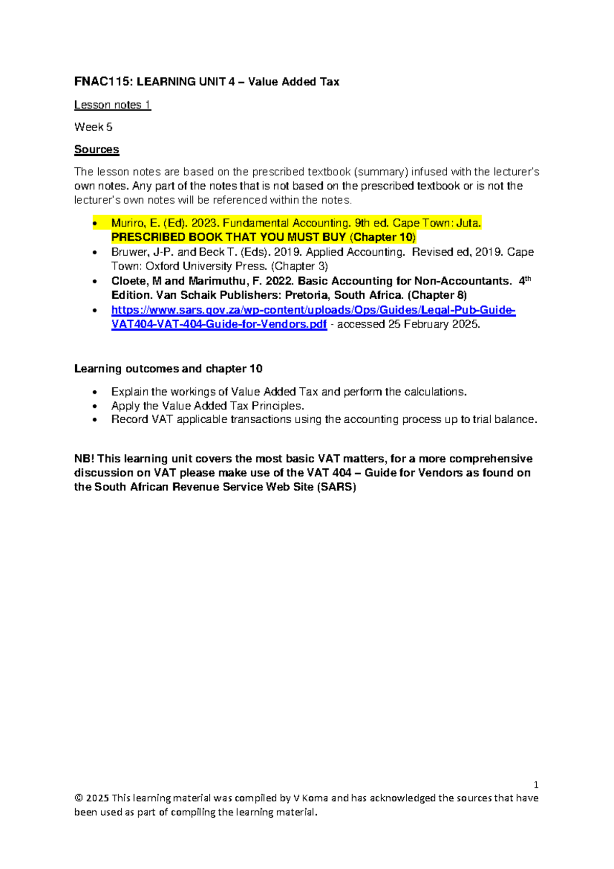 FNAC115 Unit 4 Lesson Notes 1 2025 for Students - 1 © 202 5 This ...