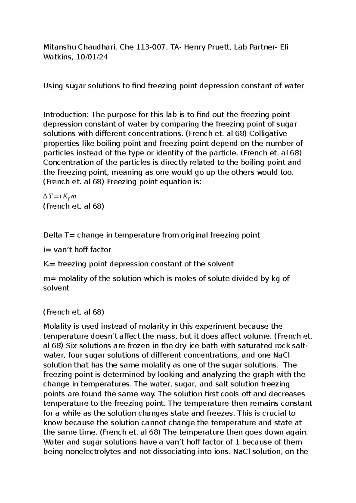 Lab report 12: Finding freezing point depression constant of water ...