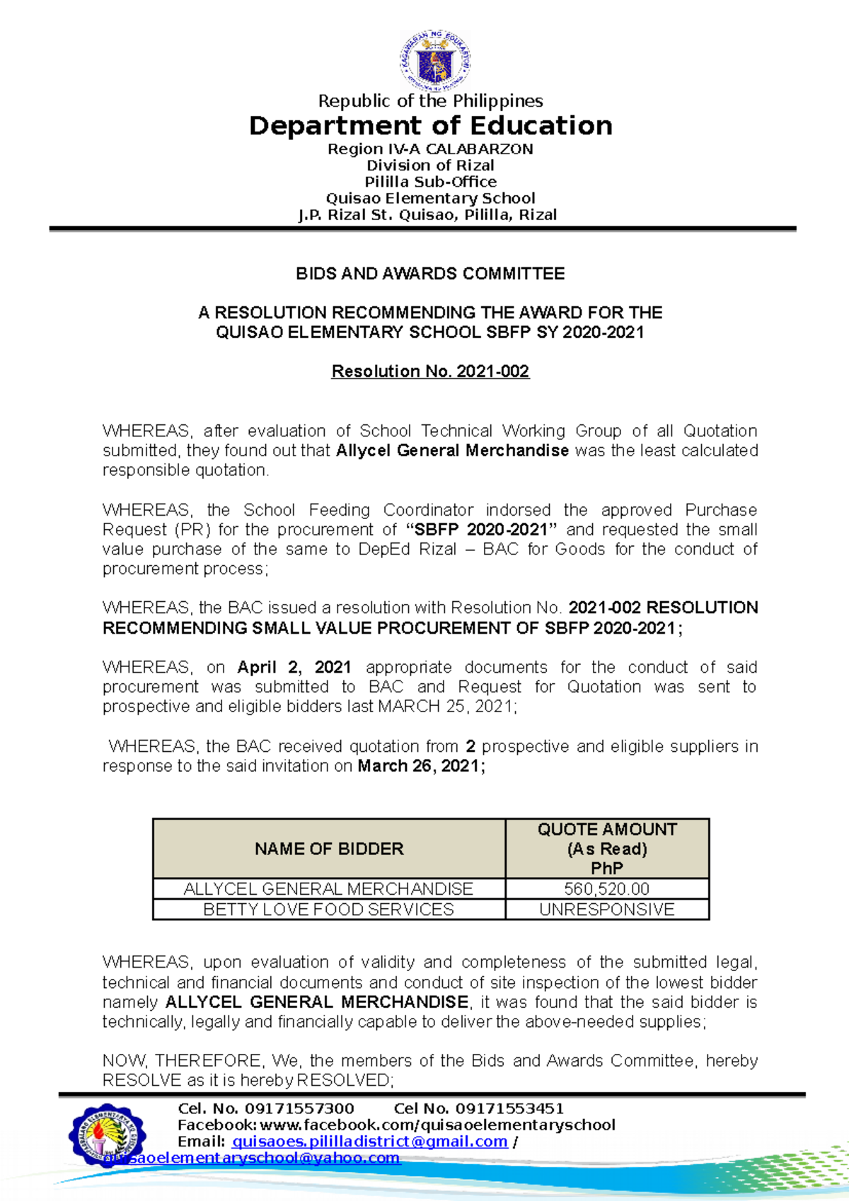 Resolution to Award - Republic of the Philippines Department of ...