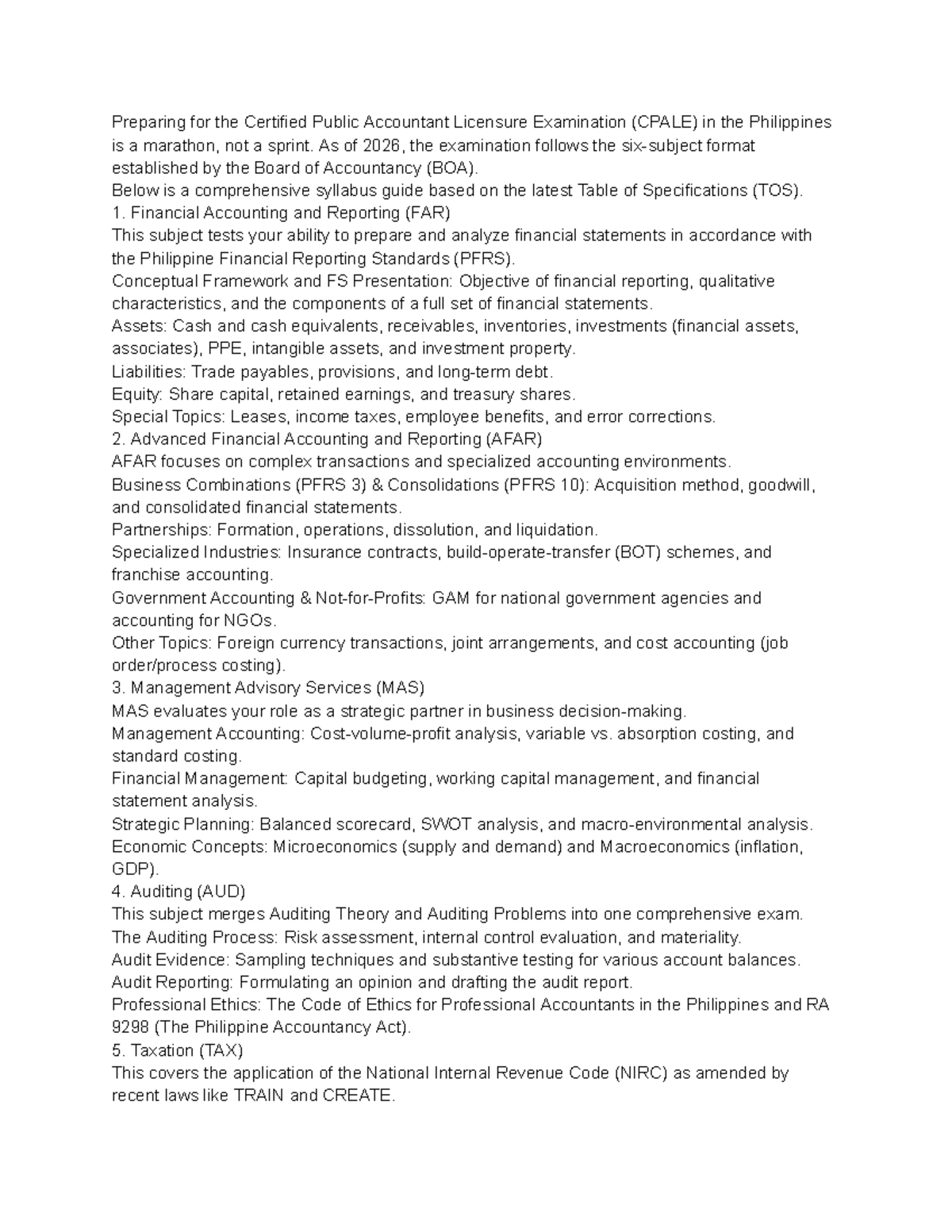 CPALE 2026 Comprehensive Syllabus Guide for CPA Exam Preparation - Studocu