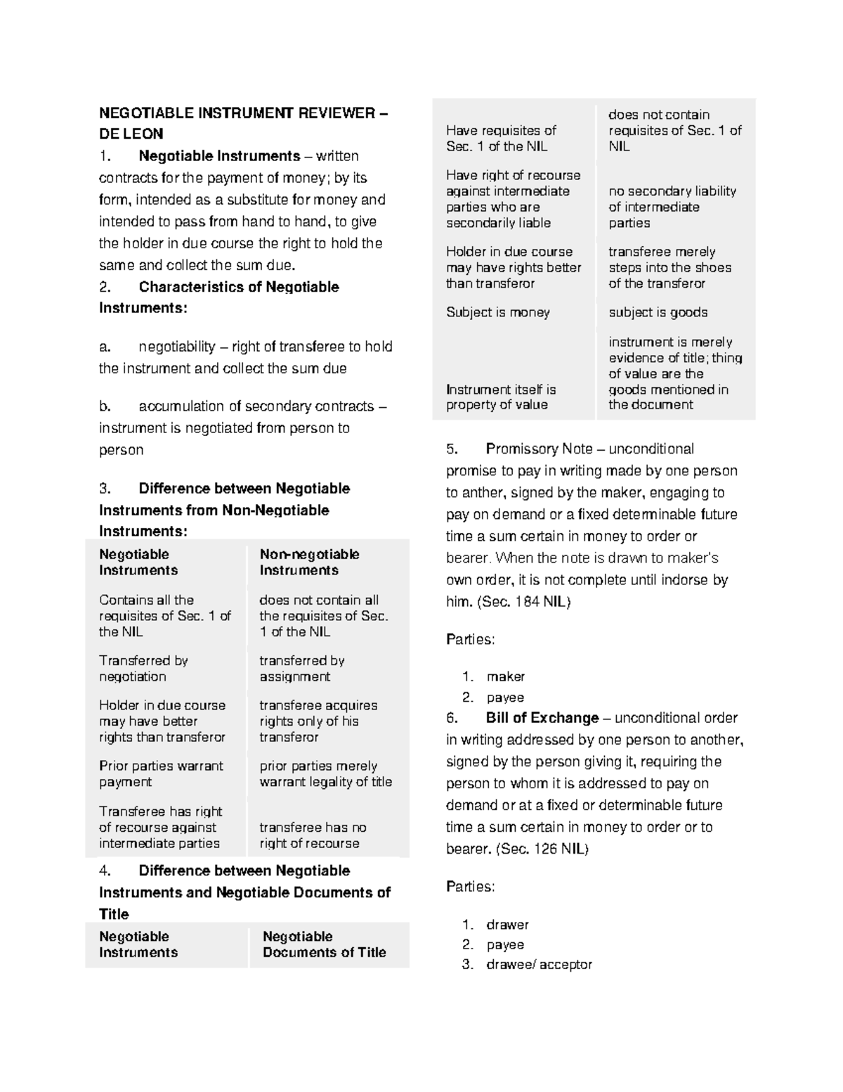 Negotiable instrument reviewer de leon negotiable instruments non ...