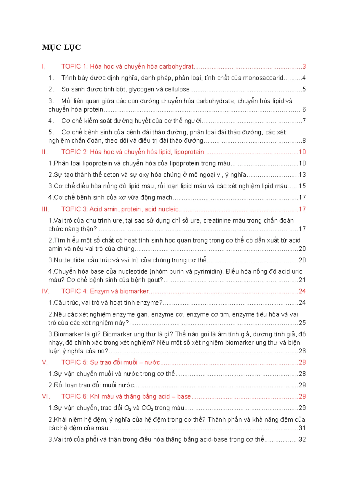 ĐỀ CƯƠNG ÔN TẬP CUỐI KÌ MÔN HÓA SINH - MỤC LỤC I. TOPIC 1: Hóa học và ...