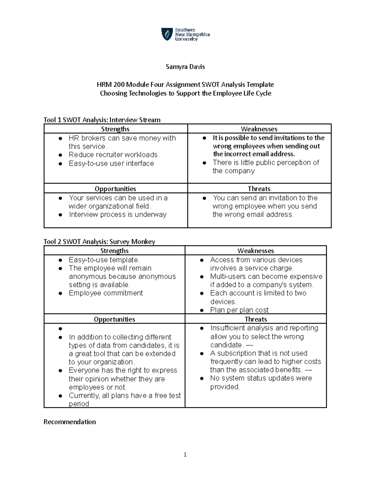 HRM 200 Module Four Assignment: SWOT Analysis of Employee Tech Tools ...