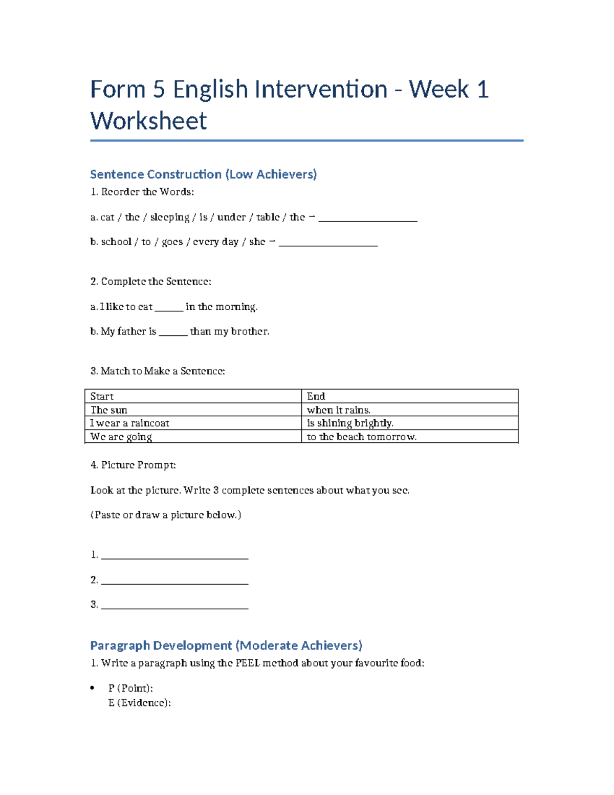 Form 5 English Intervention Week 1 Worksheet: Sentence Construction ...