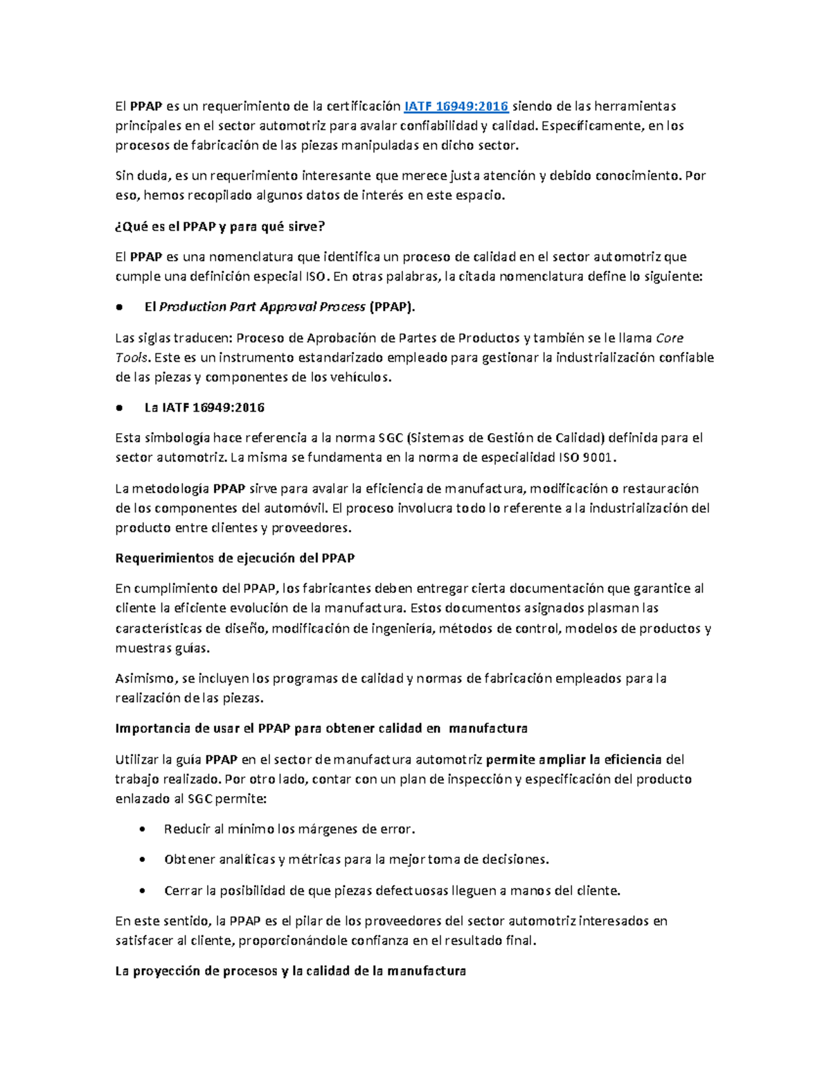 PPAP: Proceso de Aprobación de Partes en Automoción - IATF 16949 - Studocu