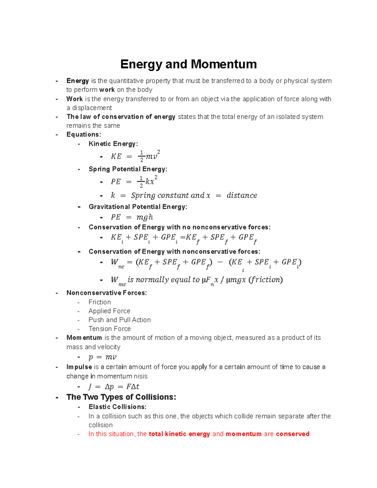 PHY 131 Midterm 2 Study Guide: Energy, Momentum, and Collisions - Studocu