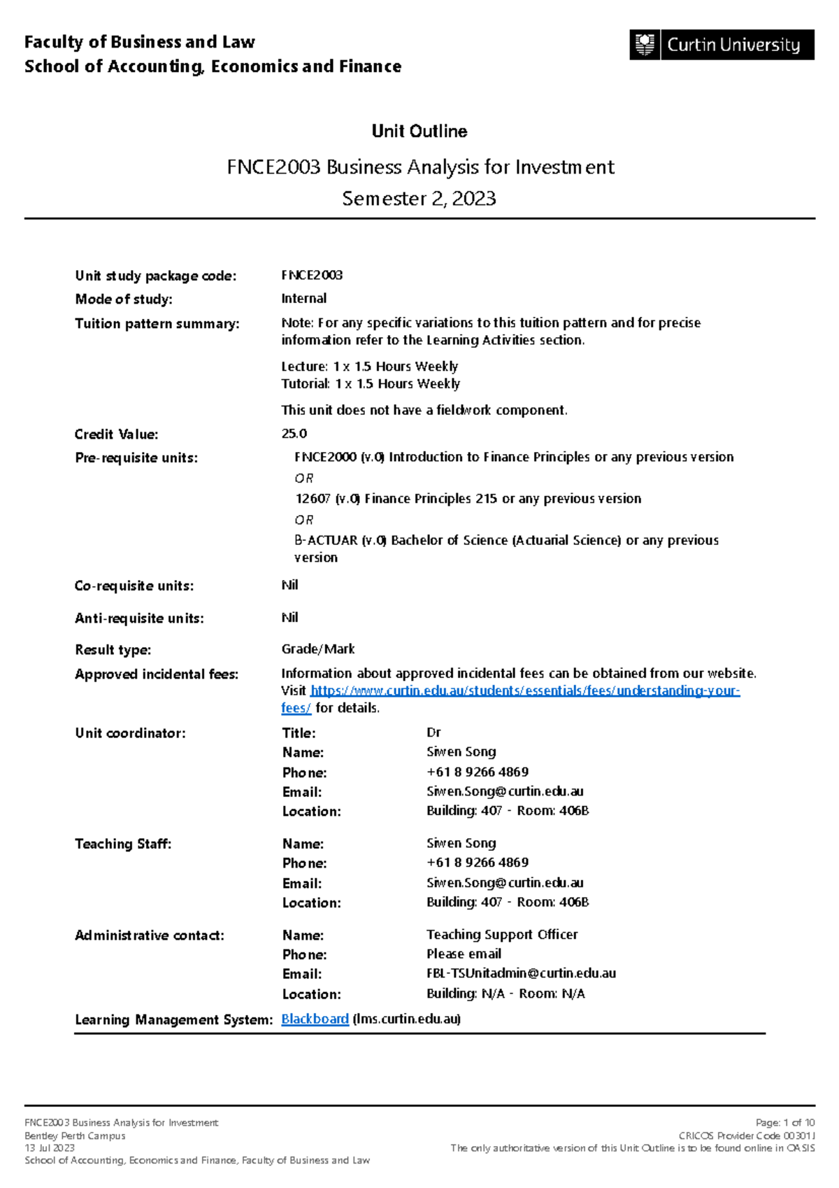 FNCE2003 Business Analysis for Investment Unit Outline - Semester 2 ...