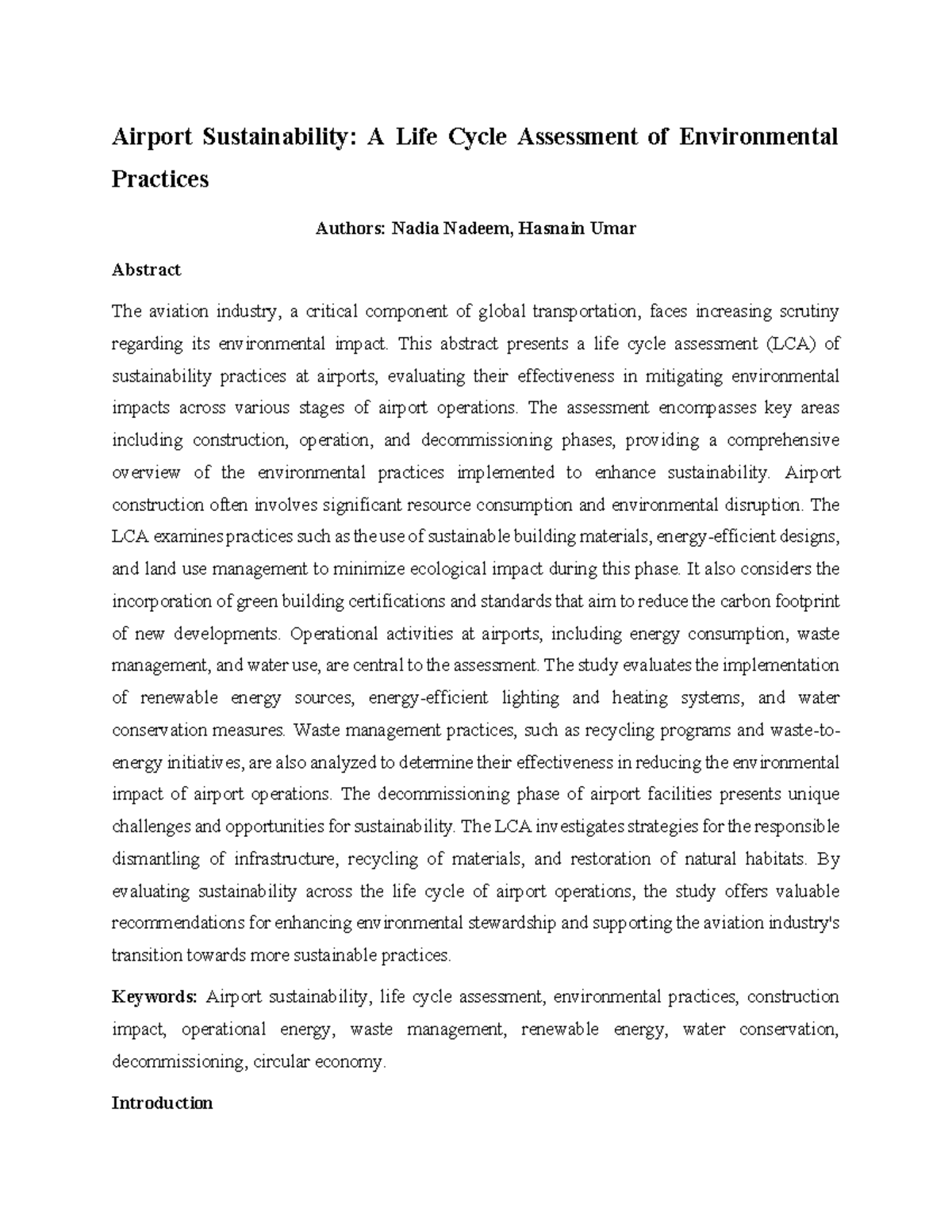 Airport Sustainability: Life Cycle Assessment of Practices (ENV 101 ...