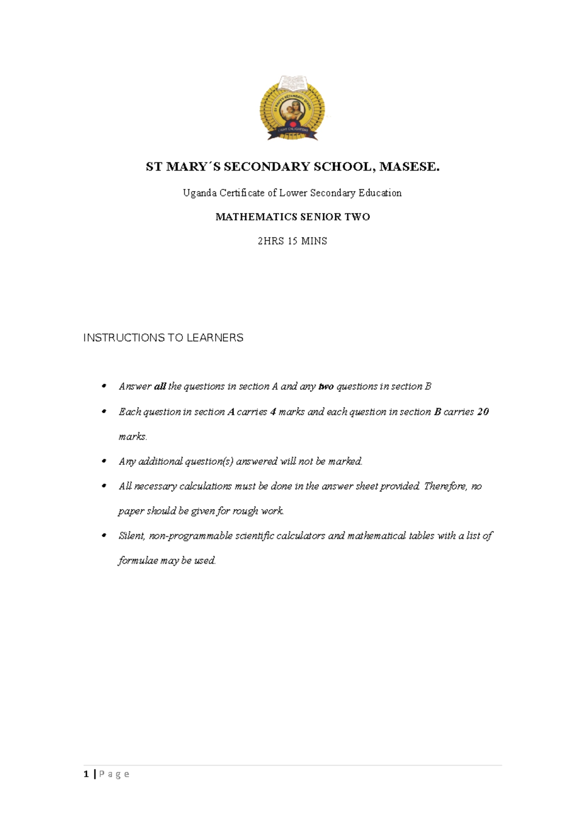 S.2 Mathematics End of Term One Exam Paper, 2023 - Studocu