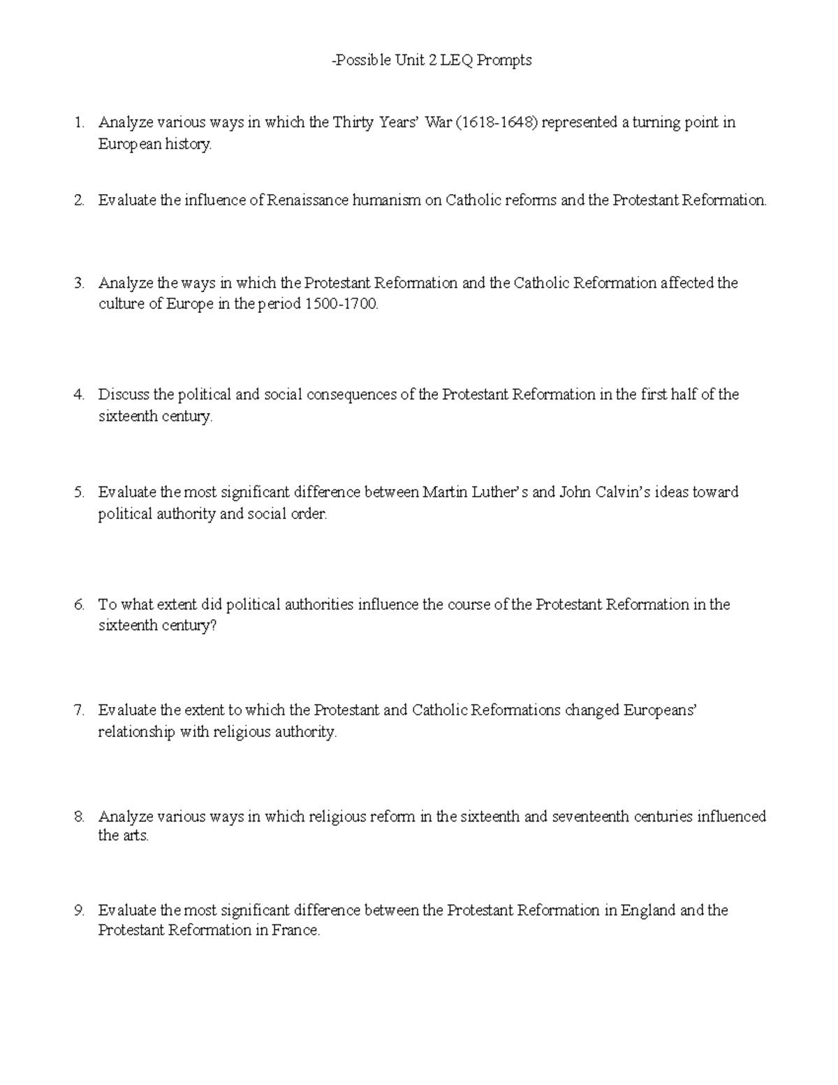 Unit 2 LEQ Prompts: Turning Points in European History - Studocu