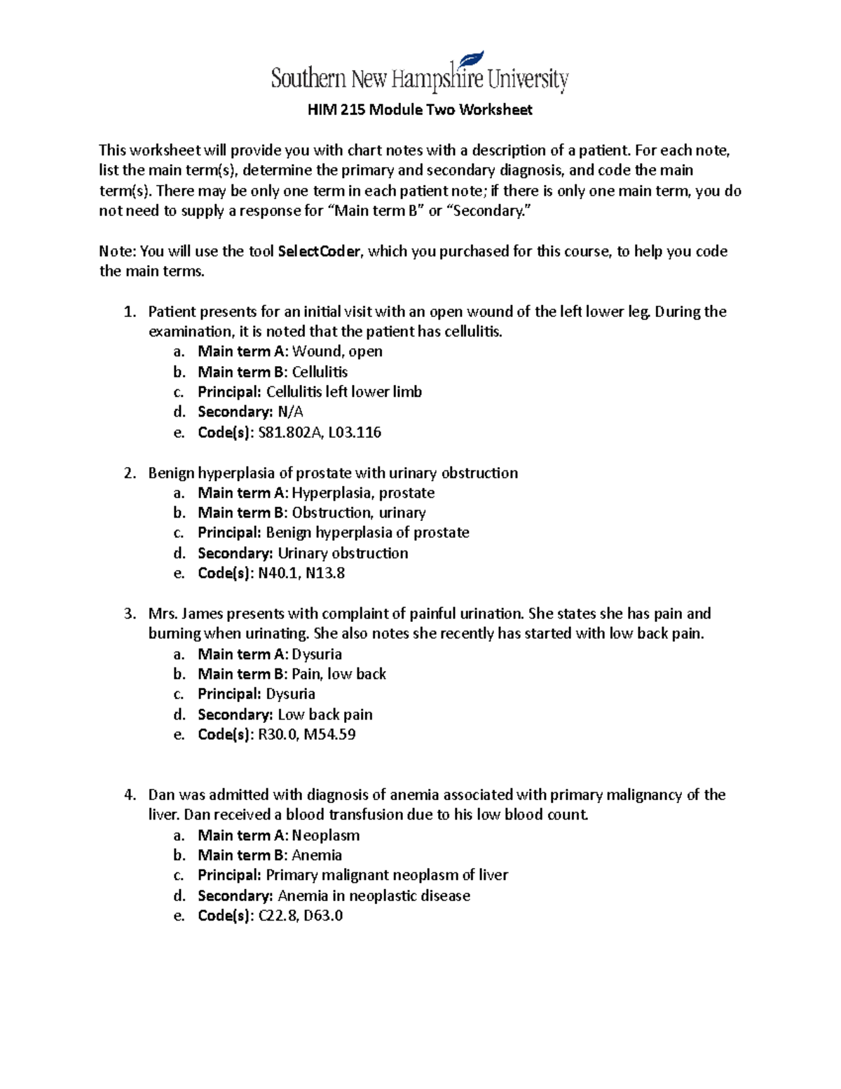 HIM 215 Module Two Patient Diagnosis and Coding Worksheet - Studocu