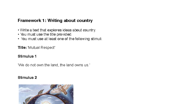 Prompt Sheet 2 - Respect - Framework 1: Writing about country Write a ...