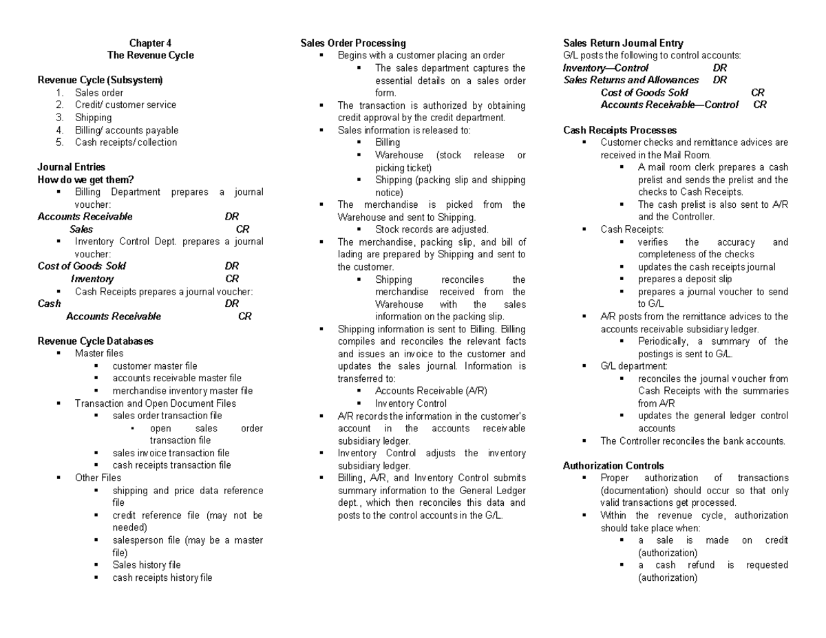 AIS 4 6 - Chapter 4: The Revenue Cycle and Expenditure Cycle Overview - Studocu