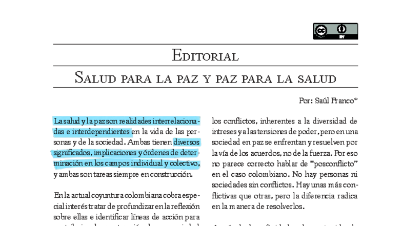 Salud y Paz: Reflexiones sobre su Interrelación en Colombia - Studocu