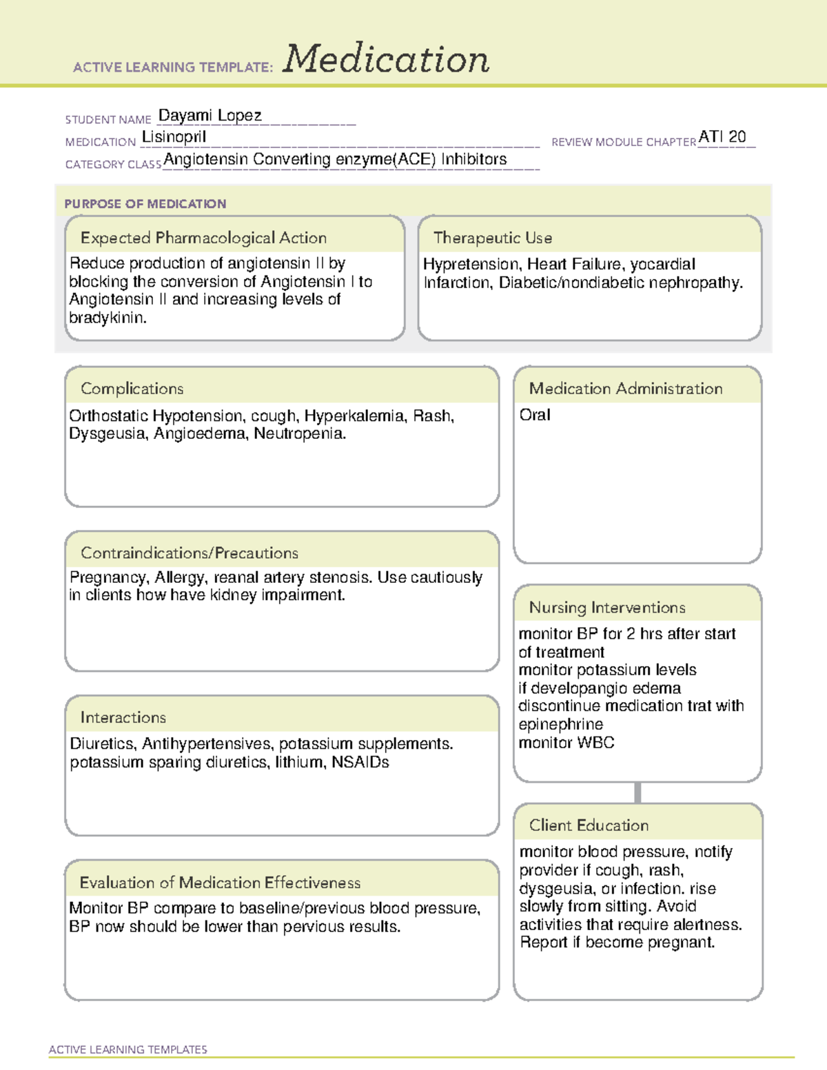Lisinopril (ACE Inhibitor) - Active Learning Template Guide - Studocu