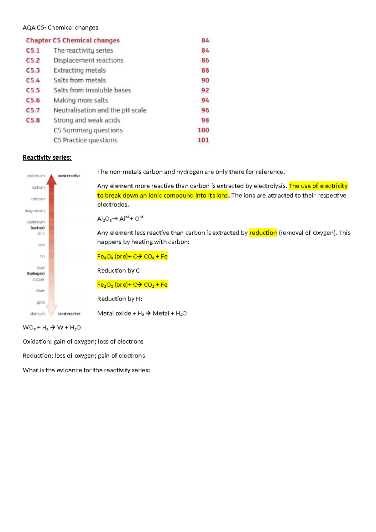 AQA C5 - Comprehensive Notes on Chemical Changes and Reactions - Studocu