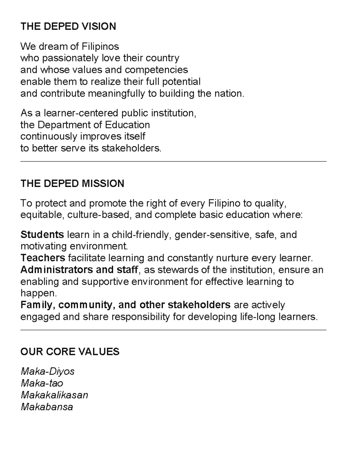 DepEd Vision & Mission: Building a Nation Through Education - Studocu
