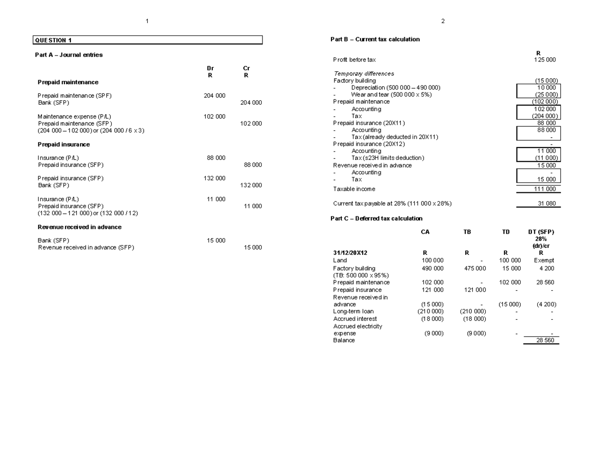 IAS 12 Current Tax Calculation & Journal Entries - Tutor 1 Solutions ...