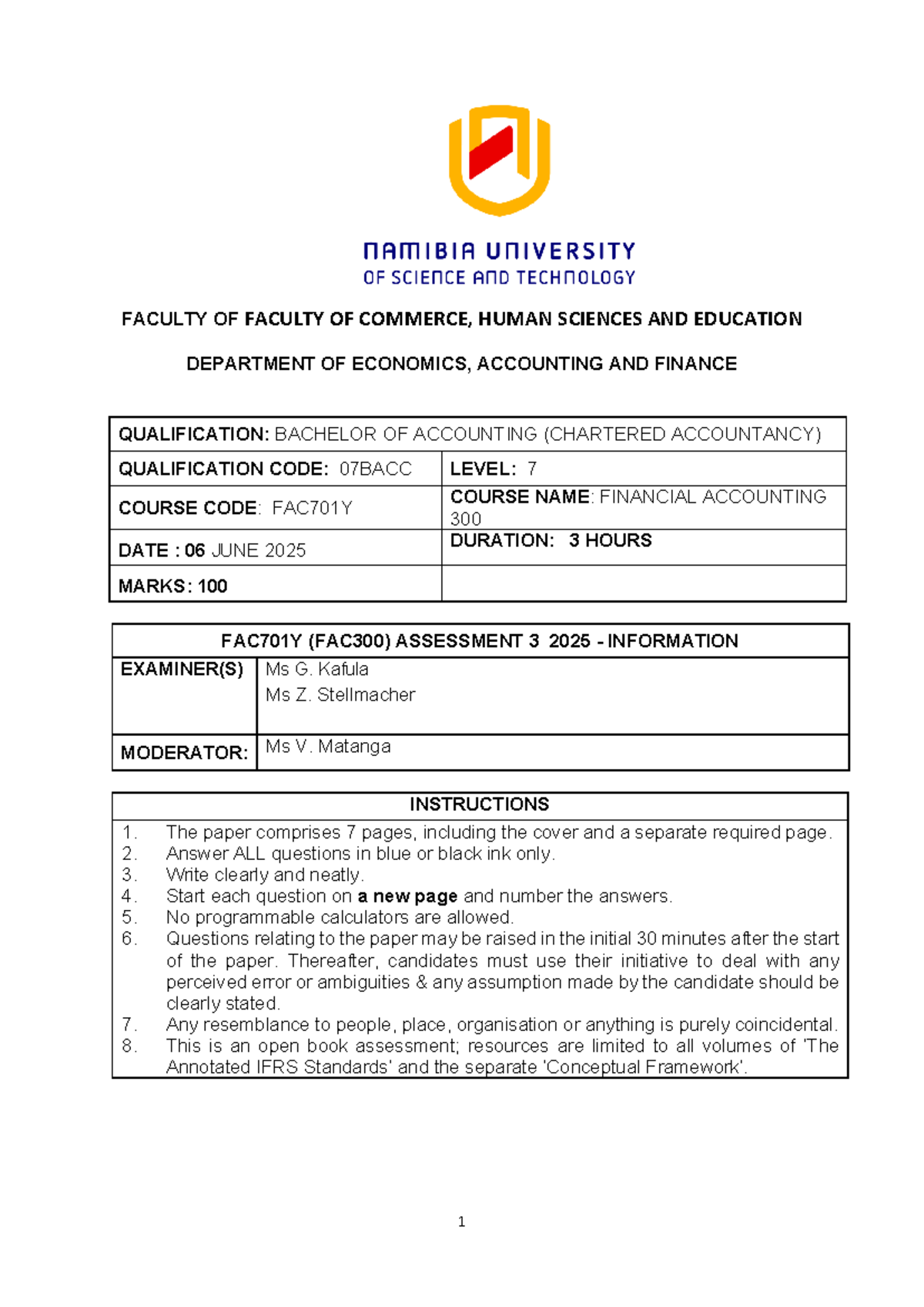 FAC701Y Financial Accounting 300 Assessment 3 - June 2025 - Studocu