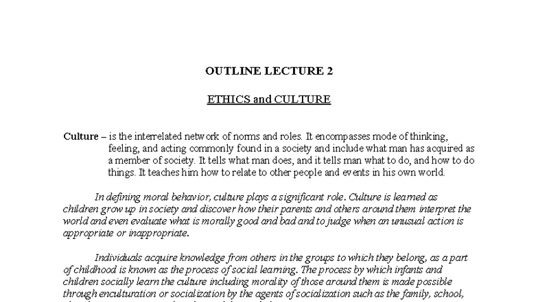 OUTLINE LECTURE 2: ETHICS & CULTURE - Key Concepts and Norms - Studocu