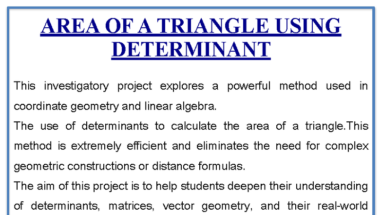 AREA OF A TRIANGLE USING DETERMINANTS - MATHS PROJECT - Studocu