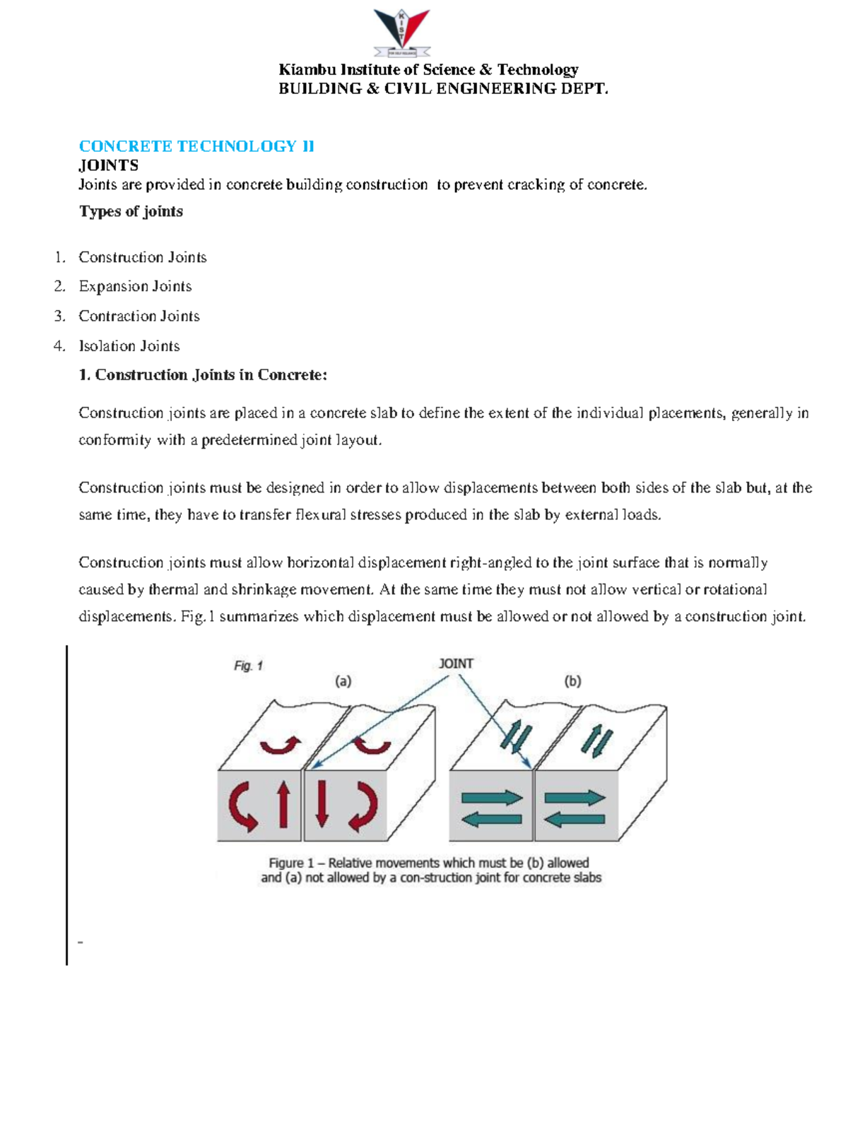 Concrete Technology II: Understanding Joints in Civil Engineering - Studocu