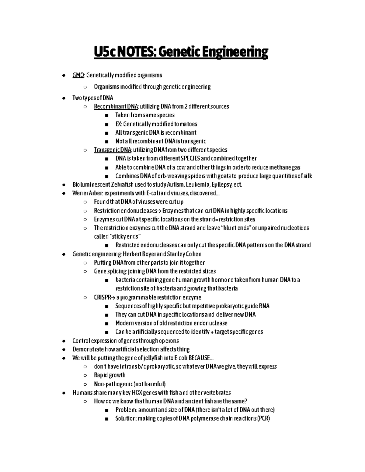 HON BIO S2 Notes: Genetic Engineering & GMO Fundamentals - Studocu