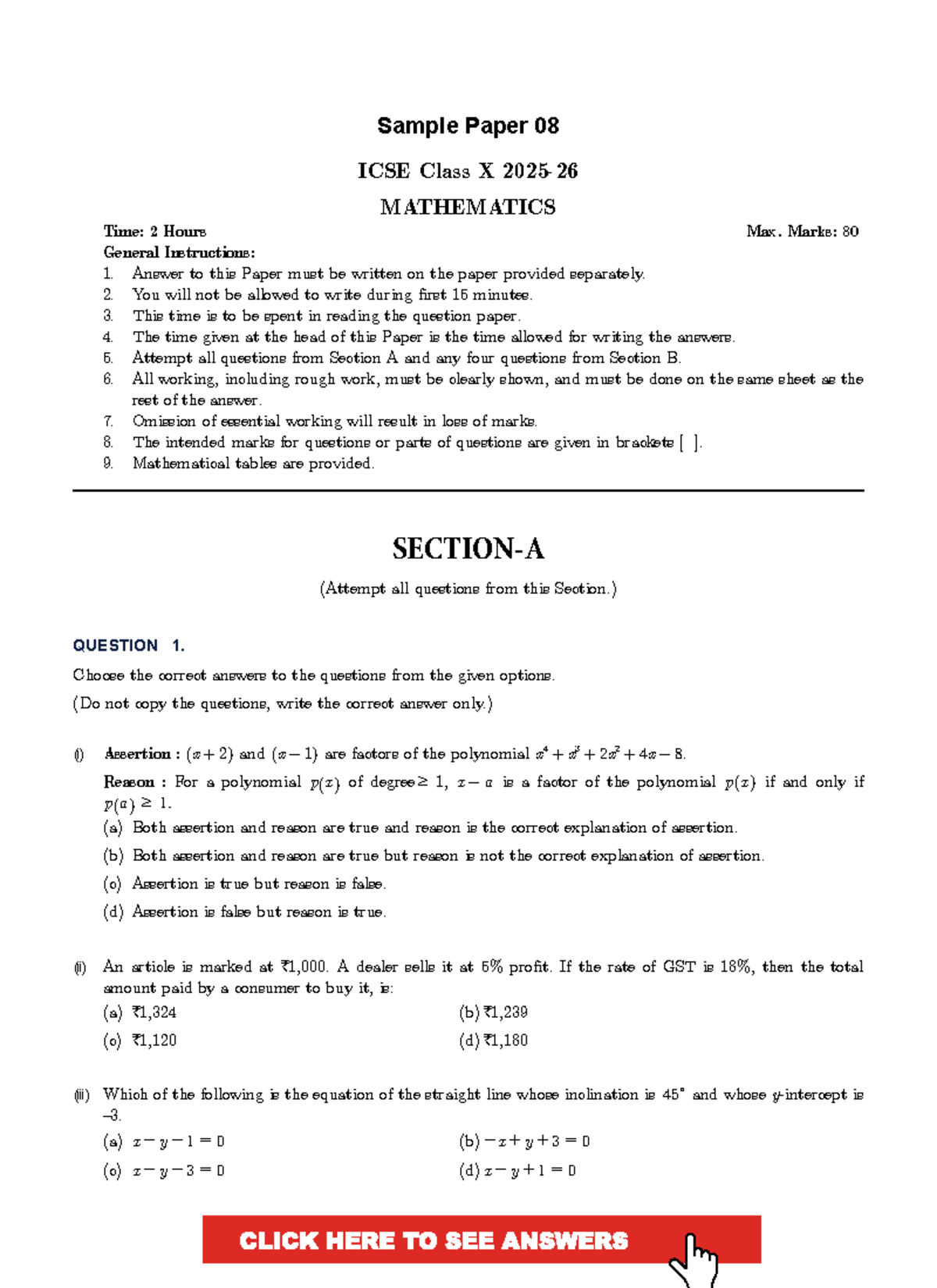 ICSE 10th Mathematics Sample Paper 08 - Practice Questions and ...