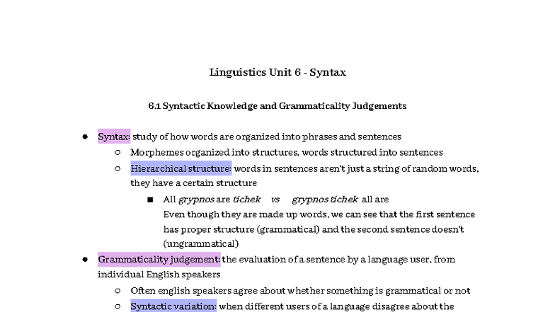Linguistics Unit 6: Syntax - Syntactic Knowledge & Grammaticality ...