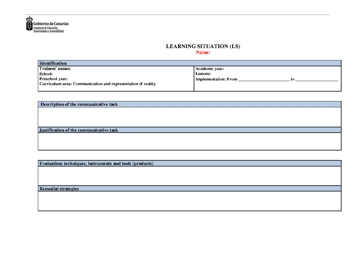 LEARNING SITUATION (LS) Template Model for Preschool Curriculum - Studocu