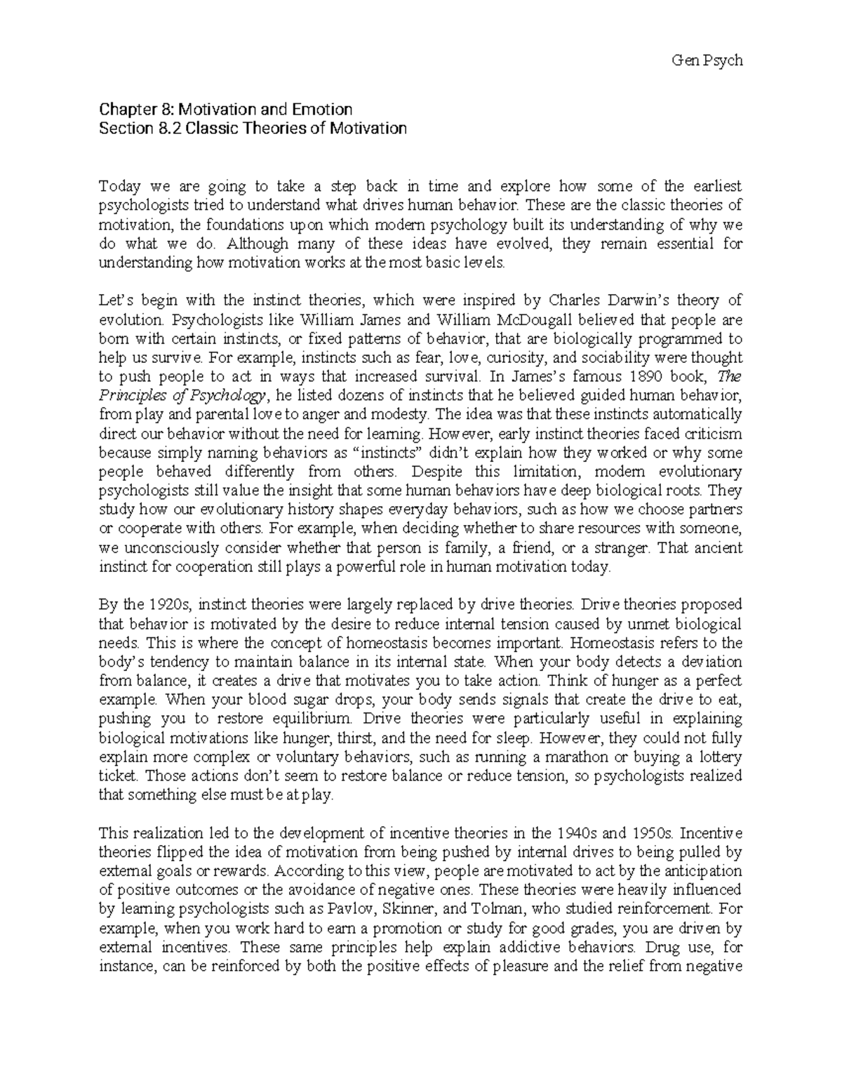 Gen Psych Chapter 8: Classic Theories of Motivation and Emotion - Studocu