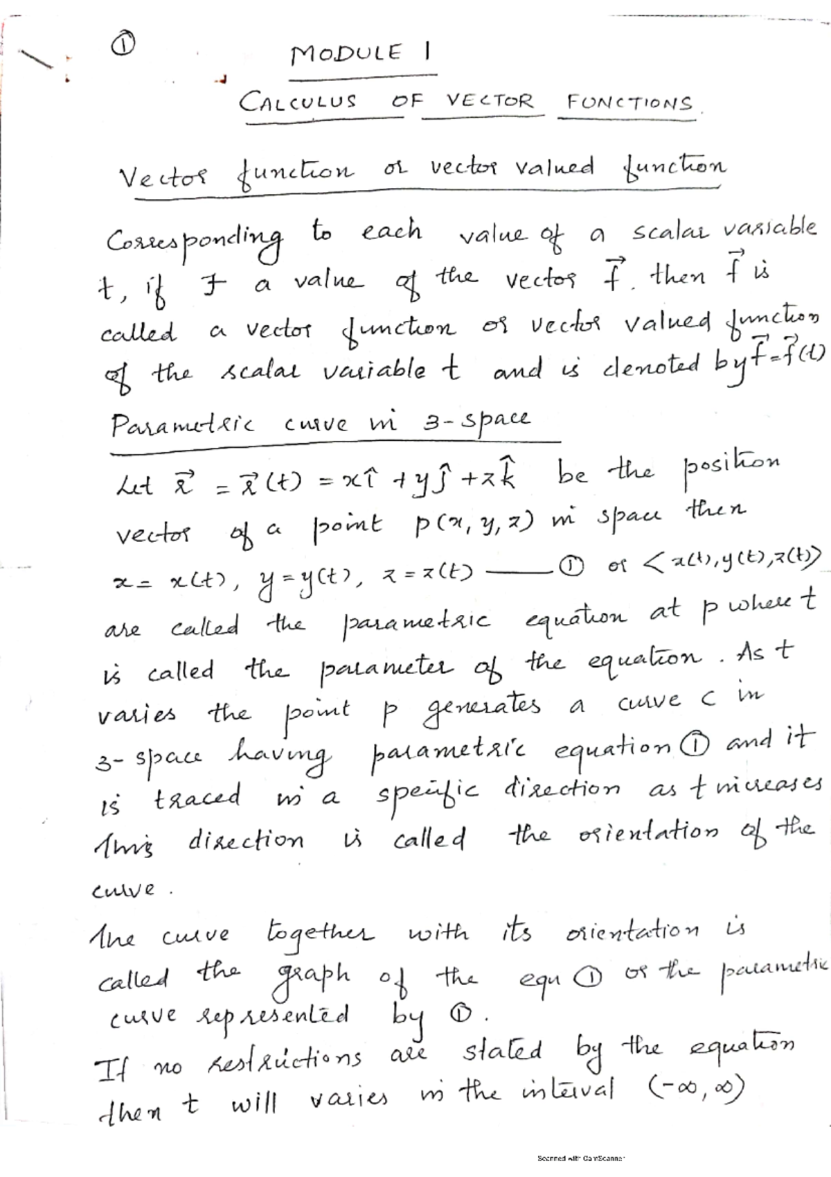 M1 - Notes - I MODULE I CALCULUS OF VECTOR FUNCTIONS Vector function or ...