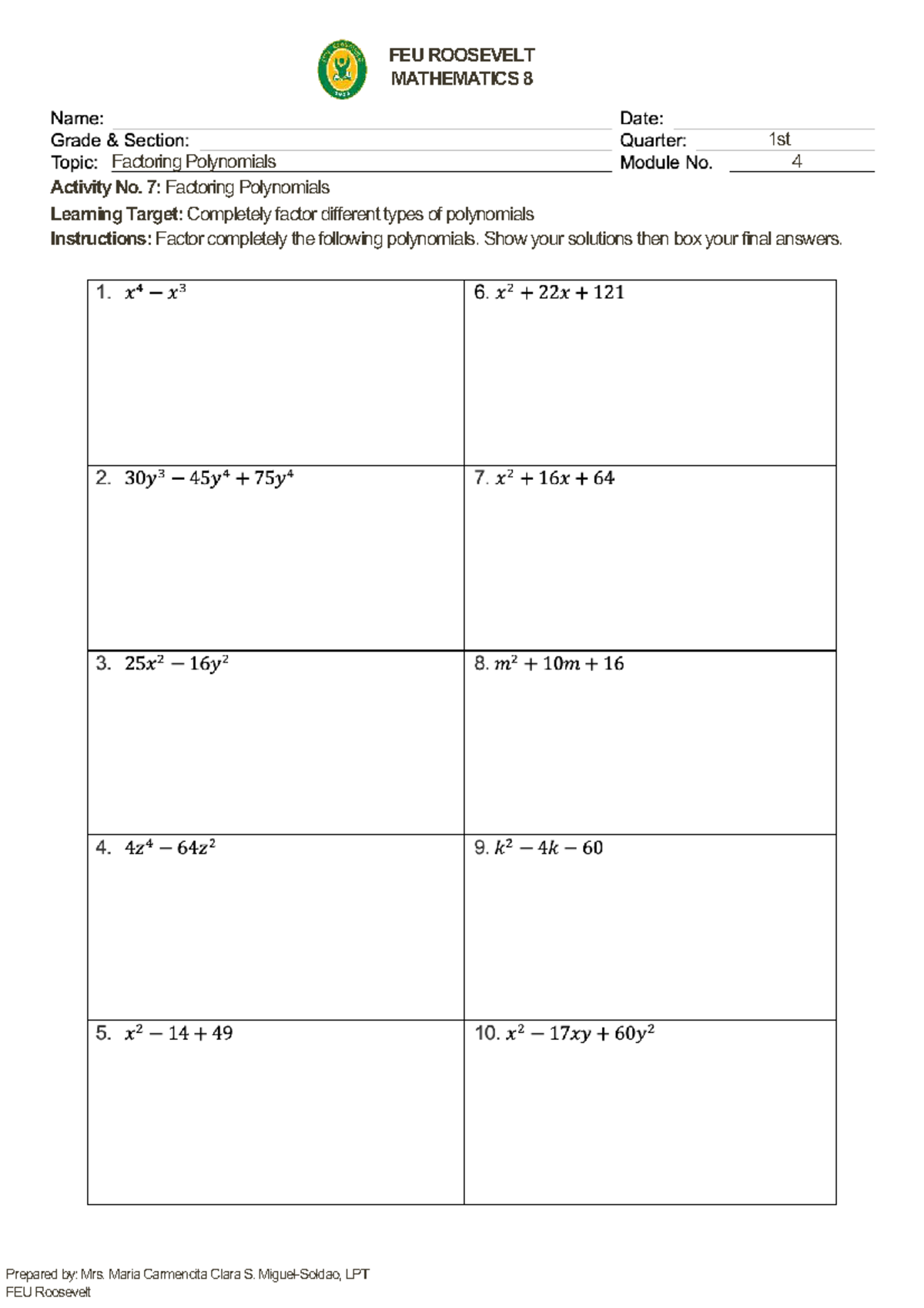 Activity No. 7 Factoring Polynomials-1 - Science, Technology ...
