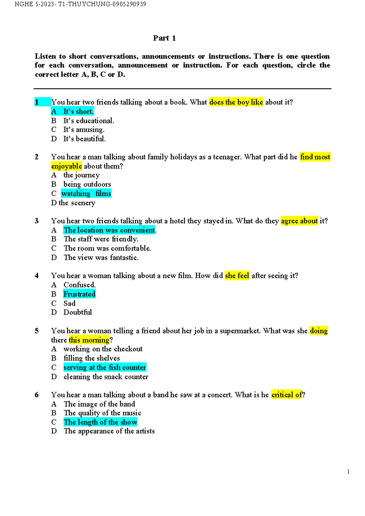 Test 1 - Listening Comprehension Practice Questions - Studocu