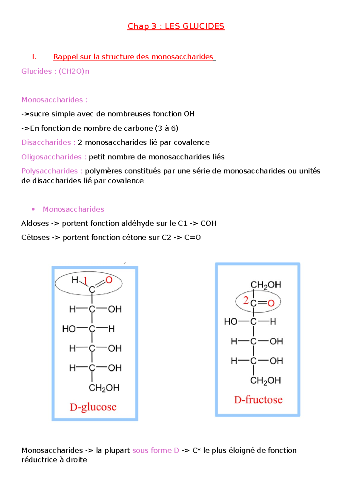 Chap 3 : Les Glucides - Structure et Dérivés des Monosaccharides - Studocu