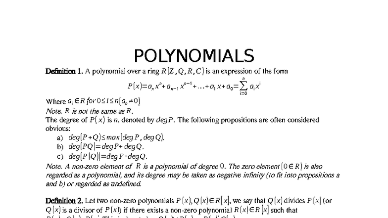 POLYNOMIALS Introduction and Definitions for Math 101 - Studocu
