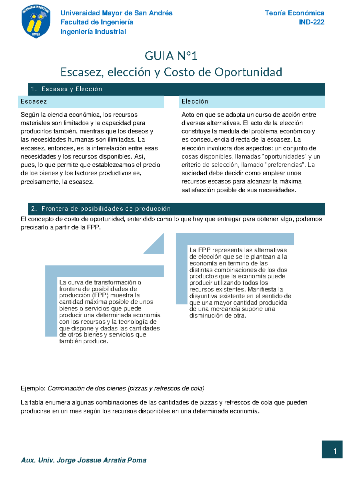 Guía N1: Escasez, Elección y Costo de Oportunidad en Teoría Económica ...