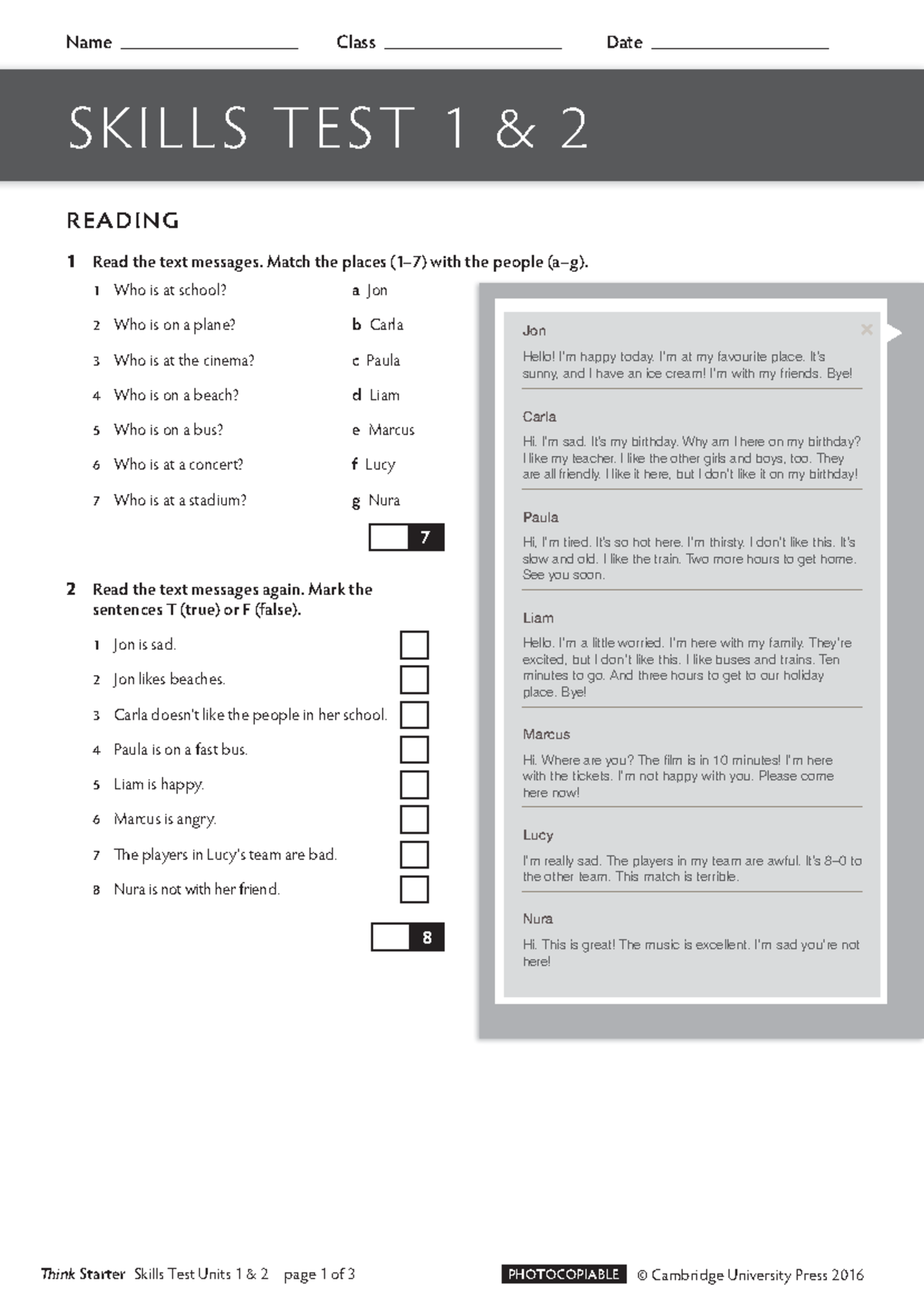 Starter Skills Test Units 1-2: Reading & Listening Exercises - Studocu