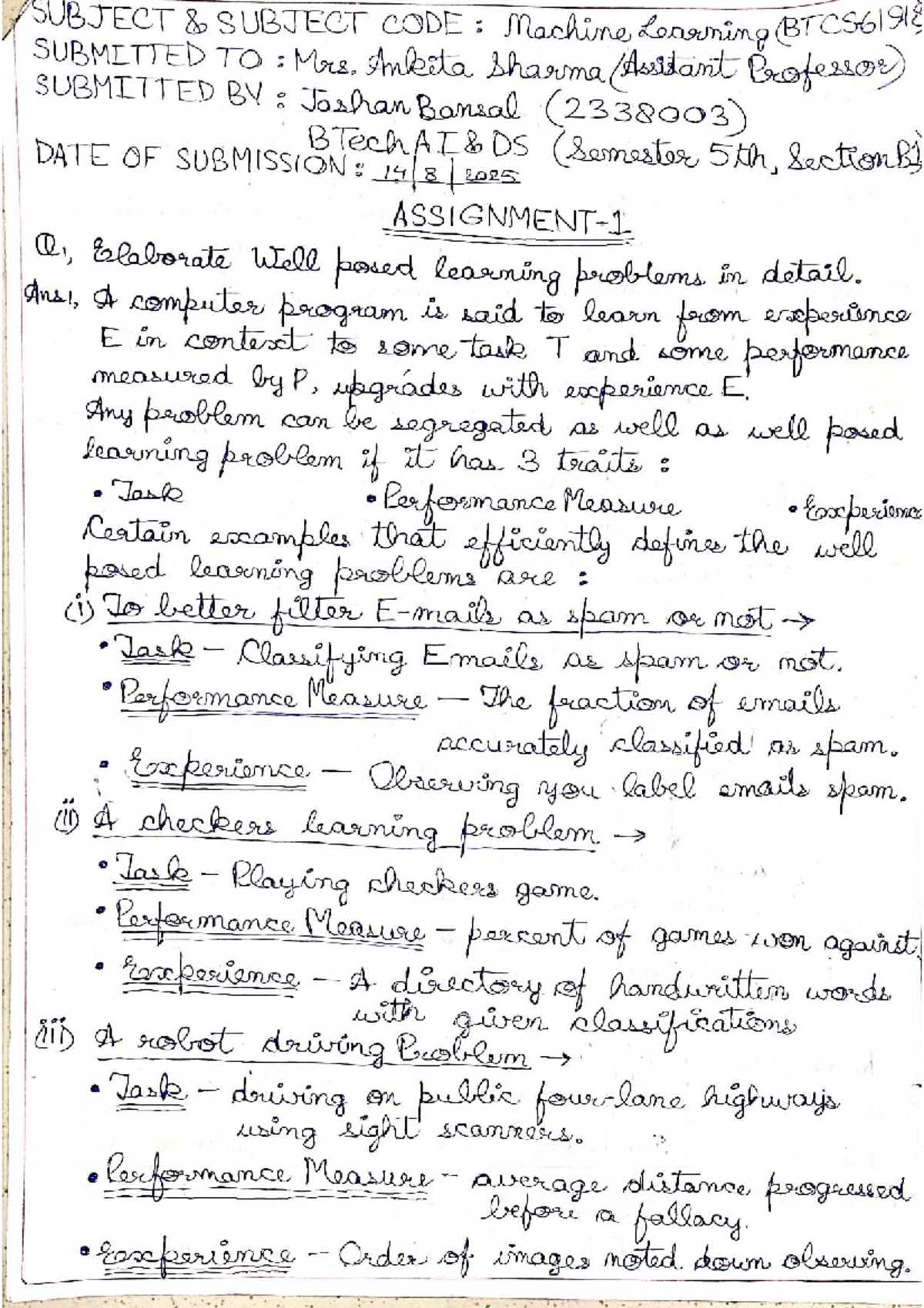 Machine Learning Assignment (BTCS61918) - Well-Posed Problems & Techniques - Studocu